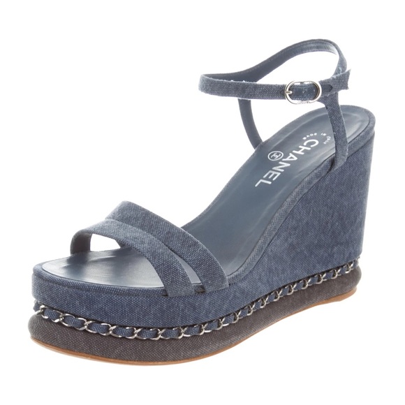 CHANEL | Shoes | Chanel Denim Cc Logo Blue Wedge Sandals Signature ...